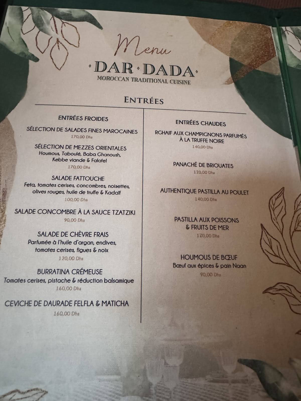 Menu at Dar Dada restaurant, Casablanca