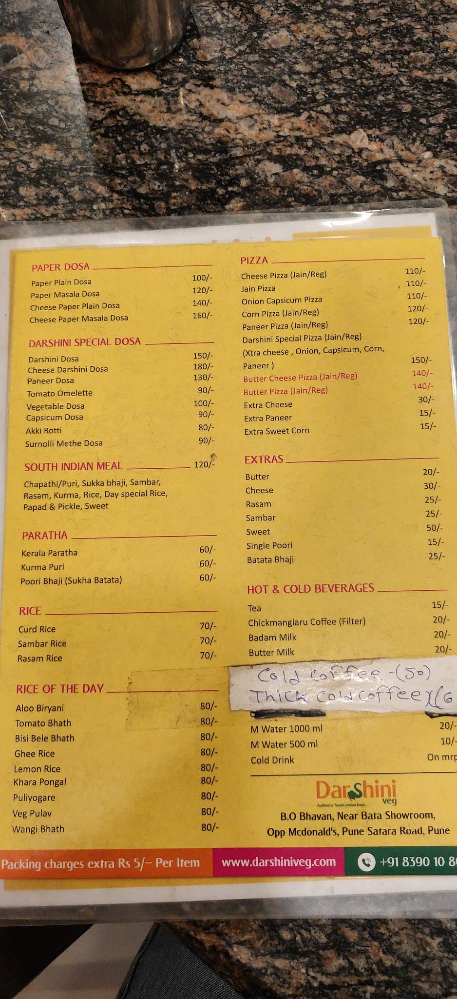 Menu at Darshini veg, Pune