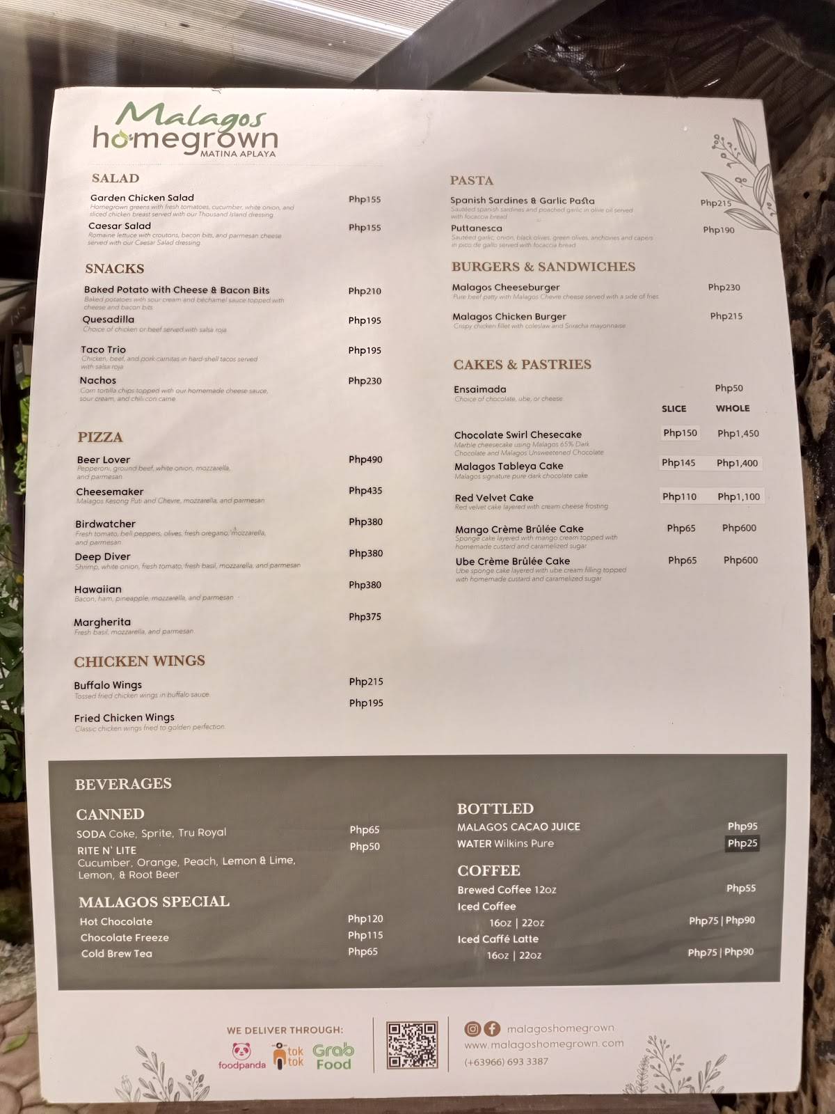 Menu at Malagos Homegrown Cafe - Matina Aplaya, Davao City