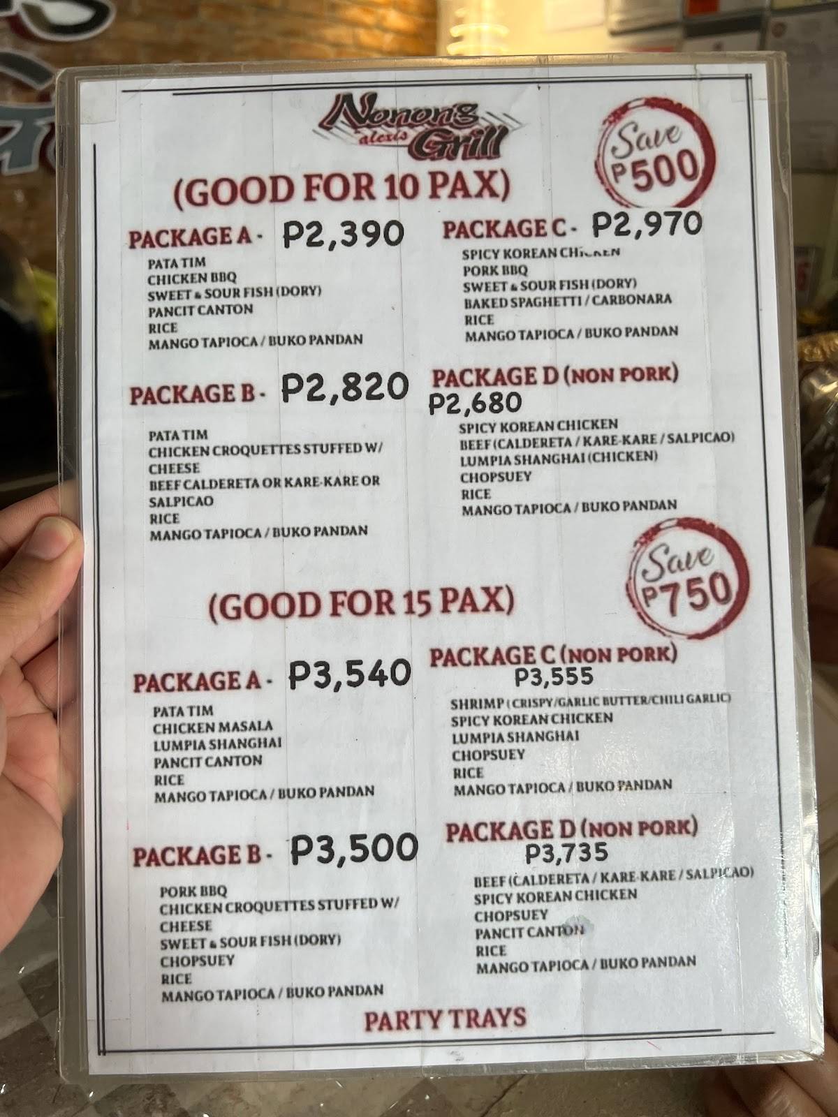 Menu at Nonong's Grill outlet-chabz restaurant, Davao City