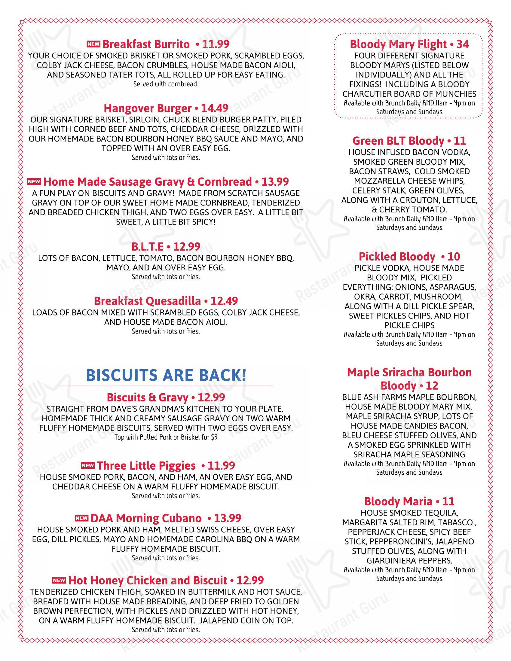 Menu at David Alan Alan's Smokehouse & Saloon restaurant, Mukwonago