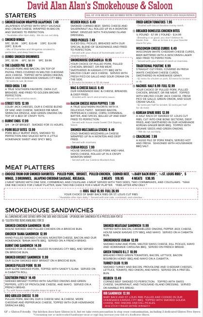 Menu at David Alan Alan's Smokehouse & Saloon restaurant, Mukwonago