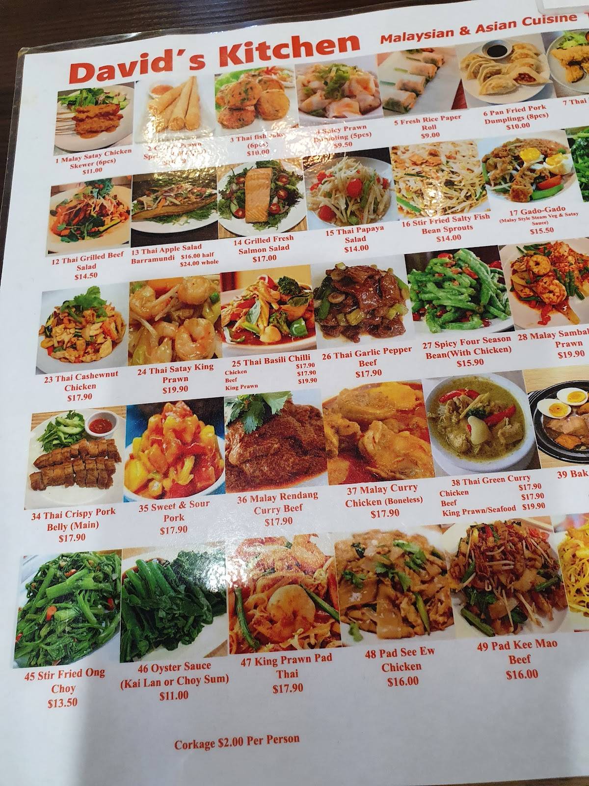 Menu at David's Kitchen restaurant, Sydney, 127 Liverpool St