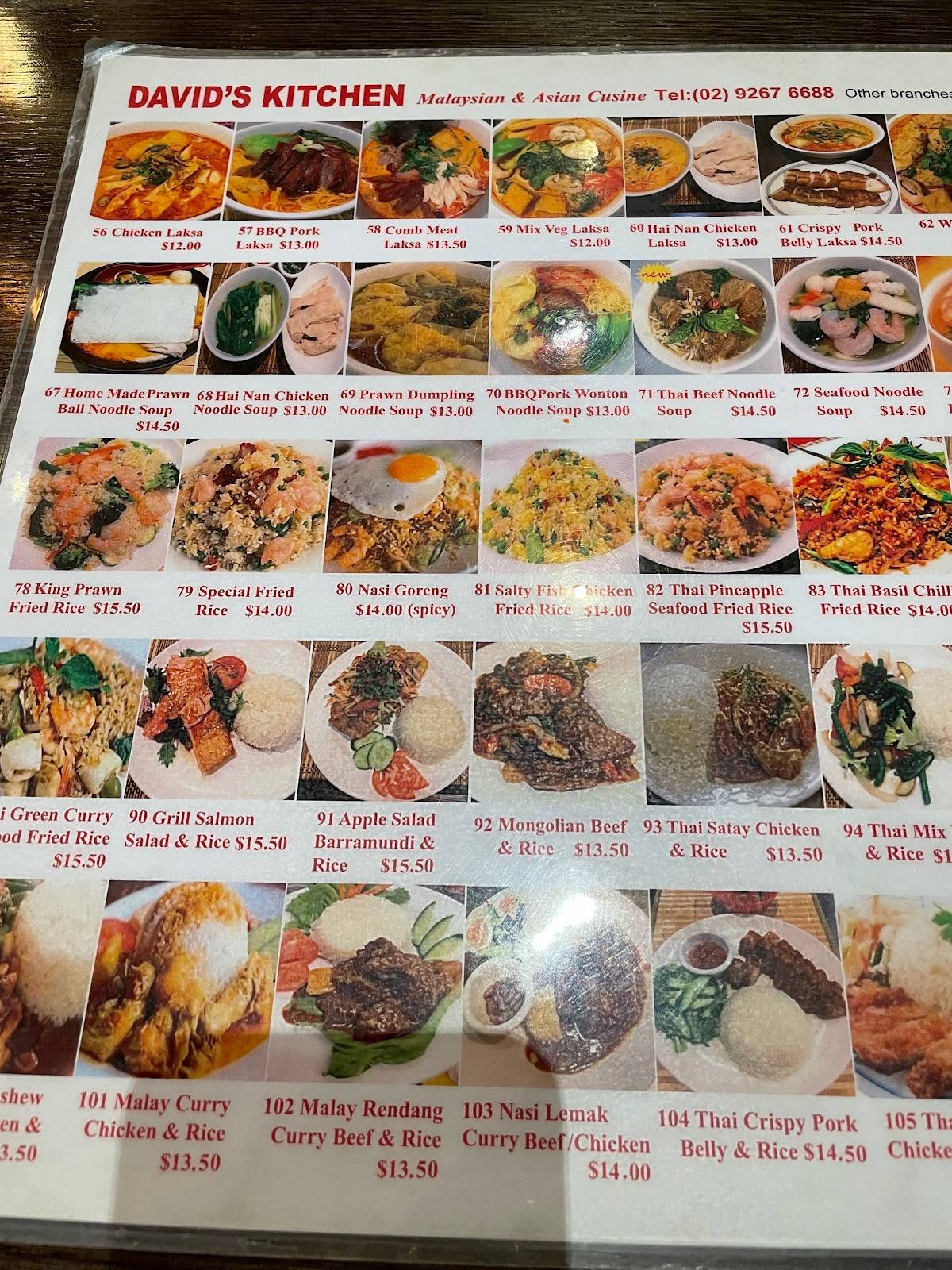 Menu at David's Kitchen restaurant, Sydney, 127 Liverpool St