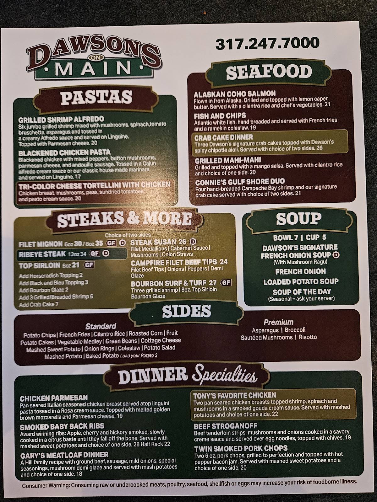 Menu at Dawson's On Main pub & bar, Speedway