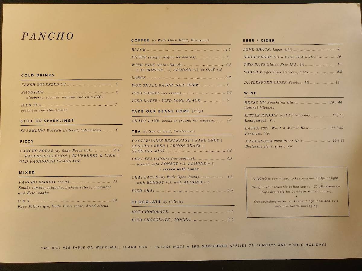 Carta de Pancho Cafe, Daylesford