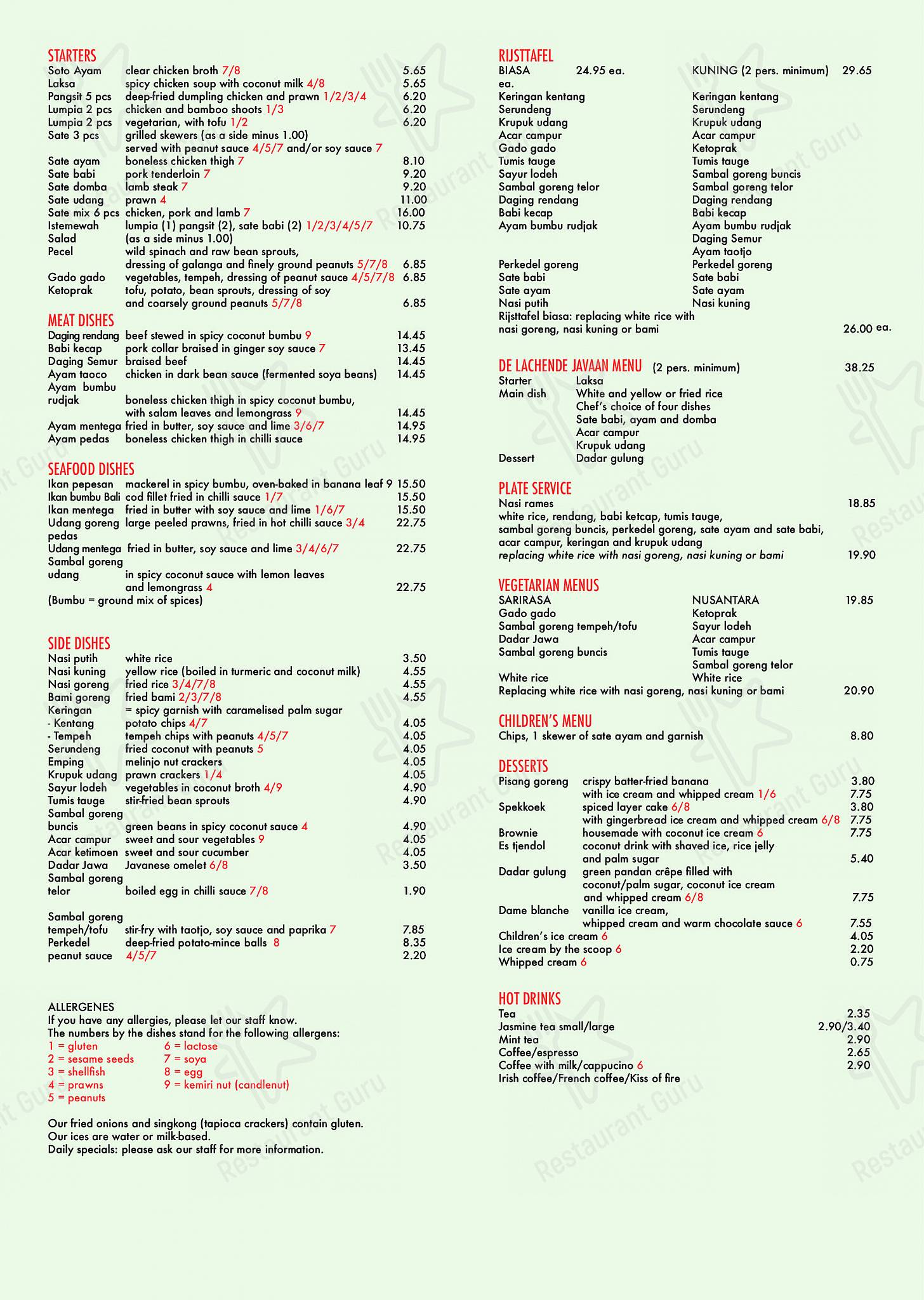 Menu at De Lachende Javaan, Haarlem
