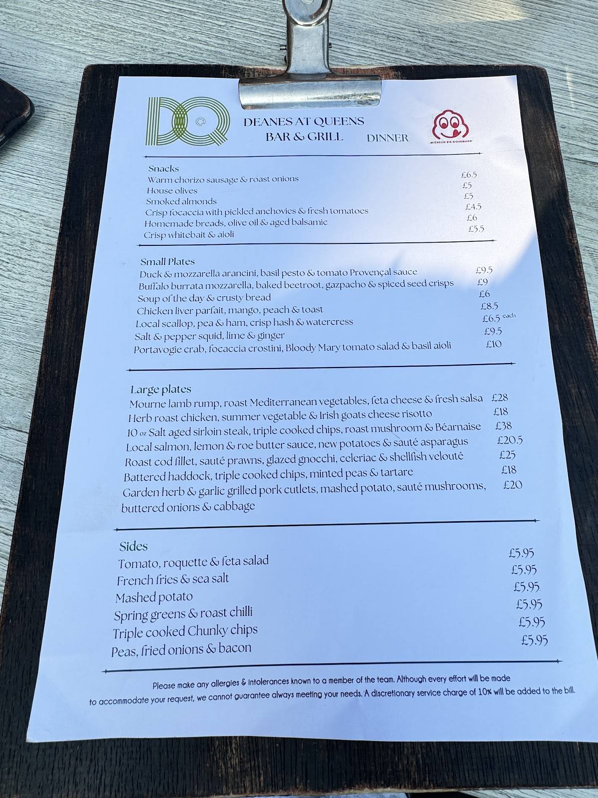 Menu at Deanes at Queens restaurant, Belfast