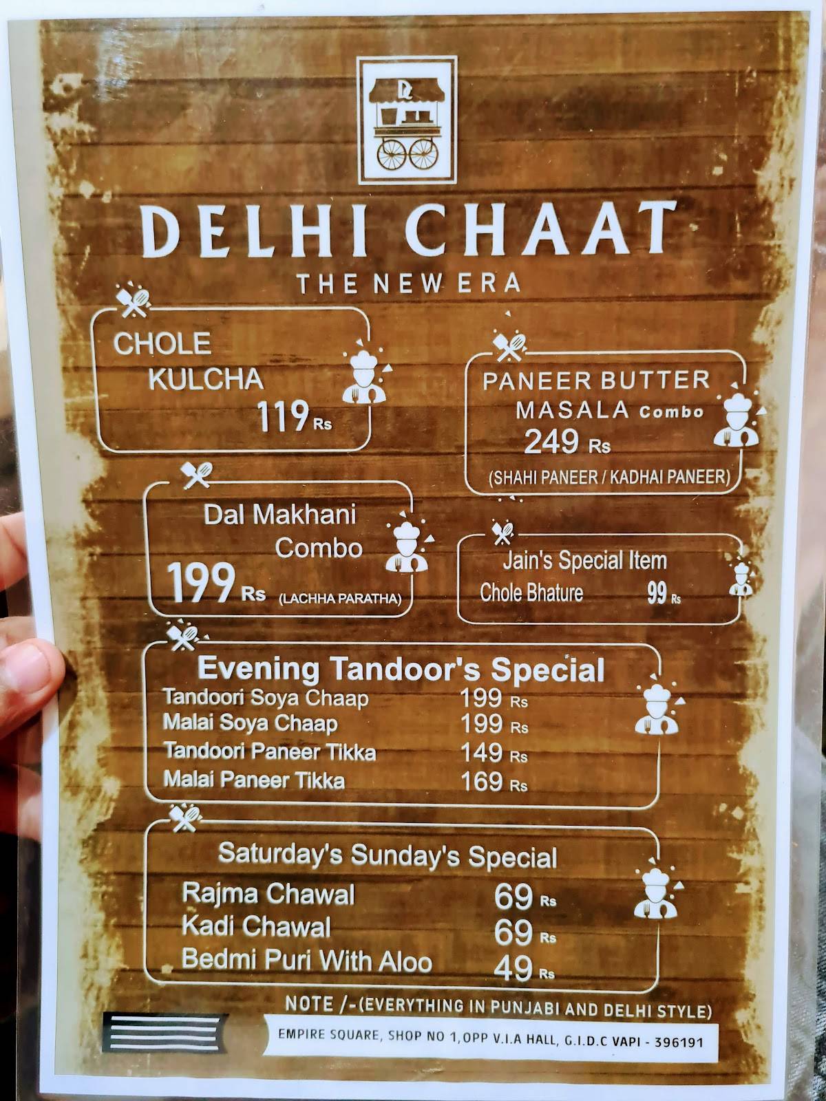 Menu at Delhi Chaat, Vapi