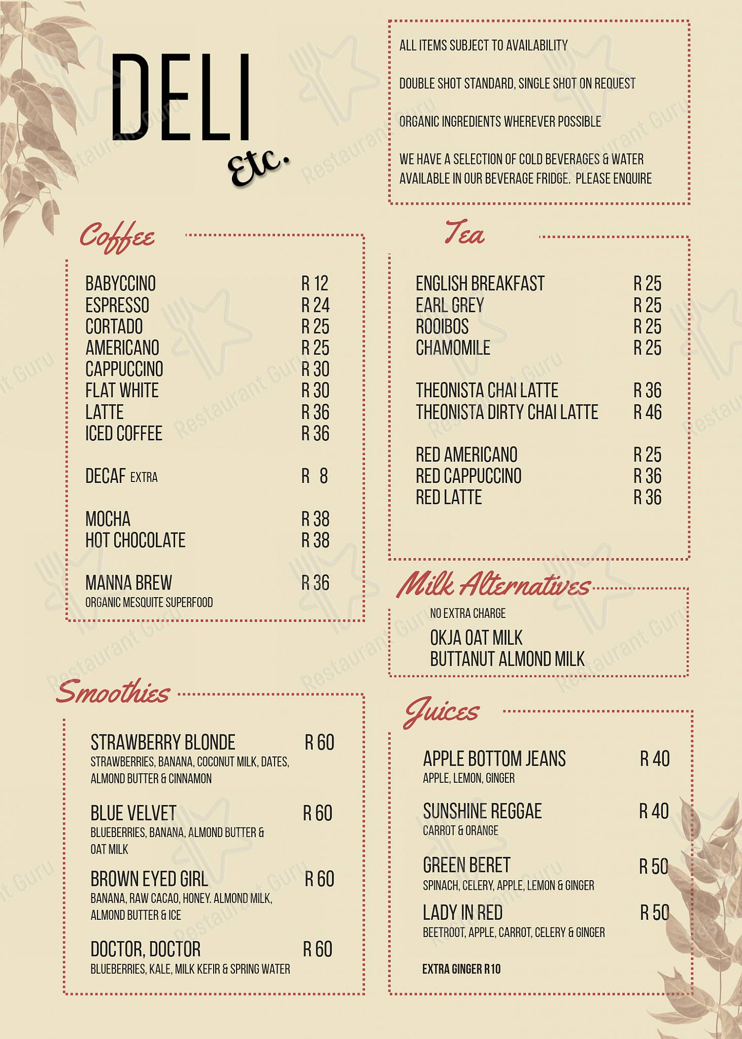 Menu au Deli Etc. café, Le Cap