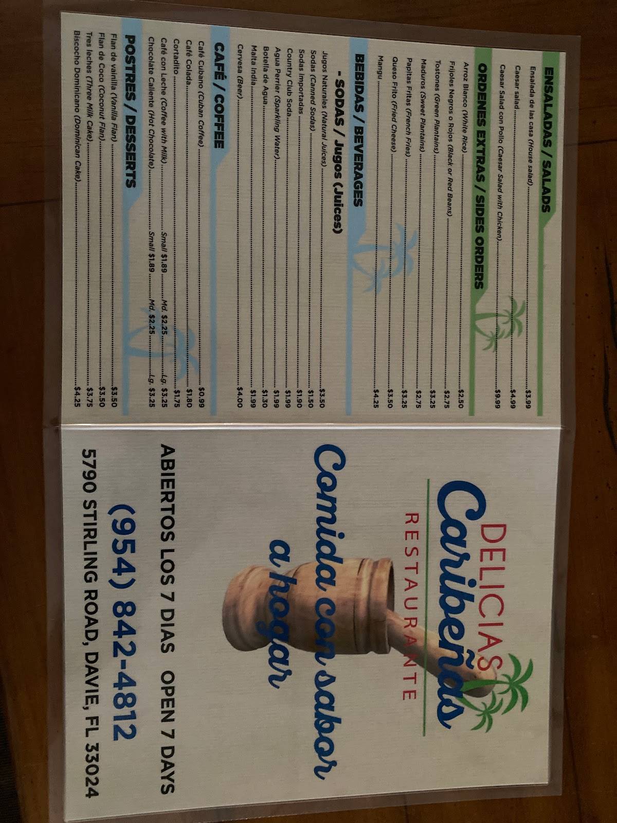 Menu at Delicias Caribeñas Restaurant, Hollywood