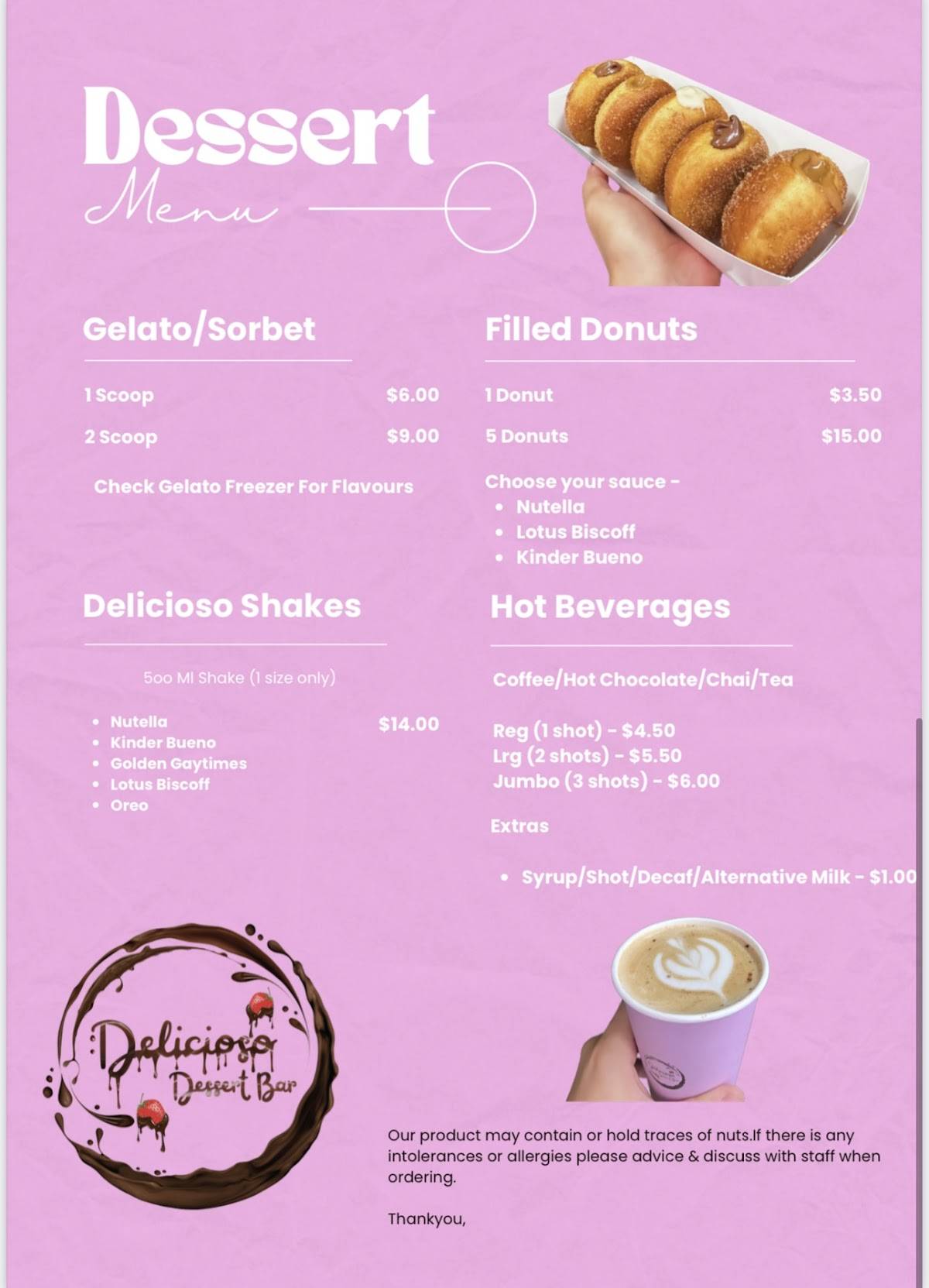Menu at Delicioso Dessert Bar, Port Kembla