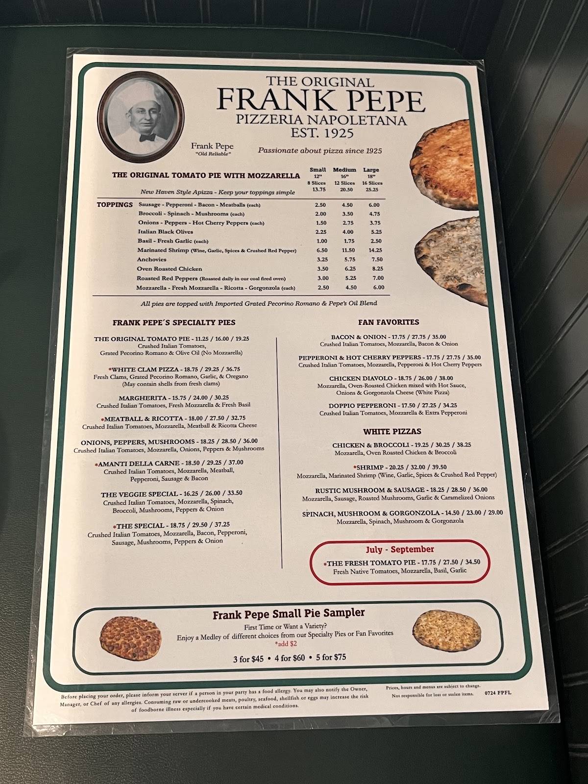 Menu at Frank Pepe Pizzeria Napoletana, Delray Beach