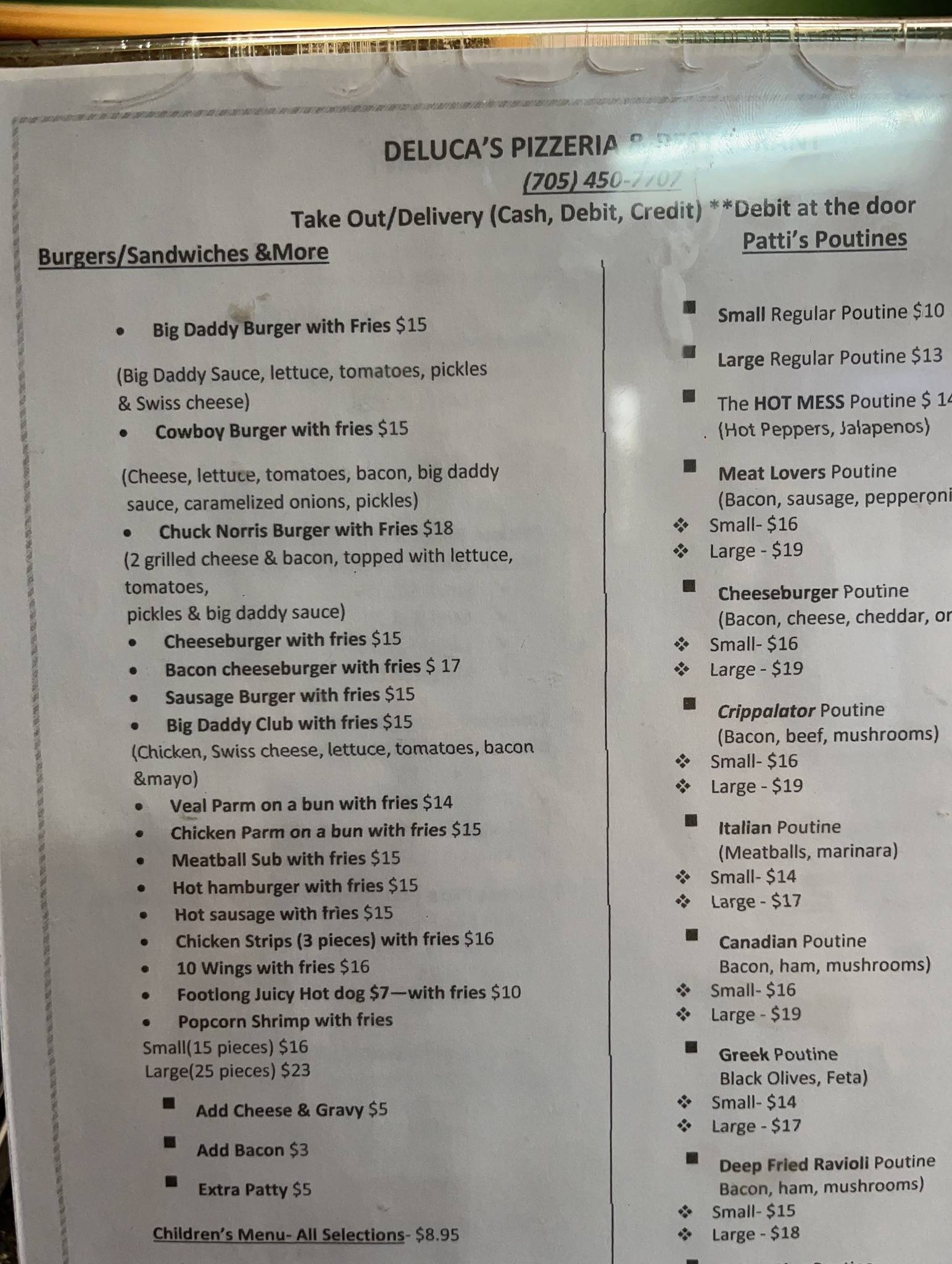 Menu at Deluca's Pizza restaurant, Sault Ste. Marie