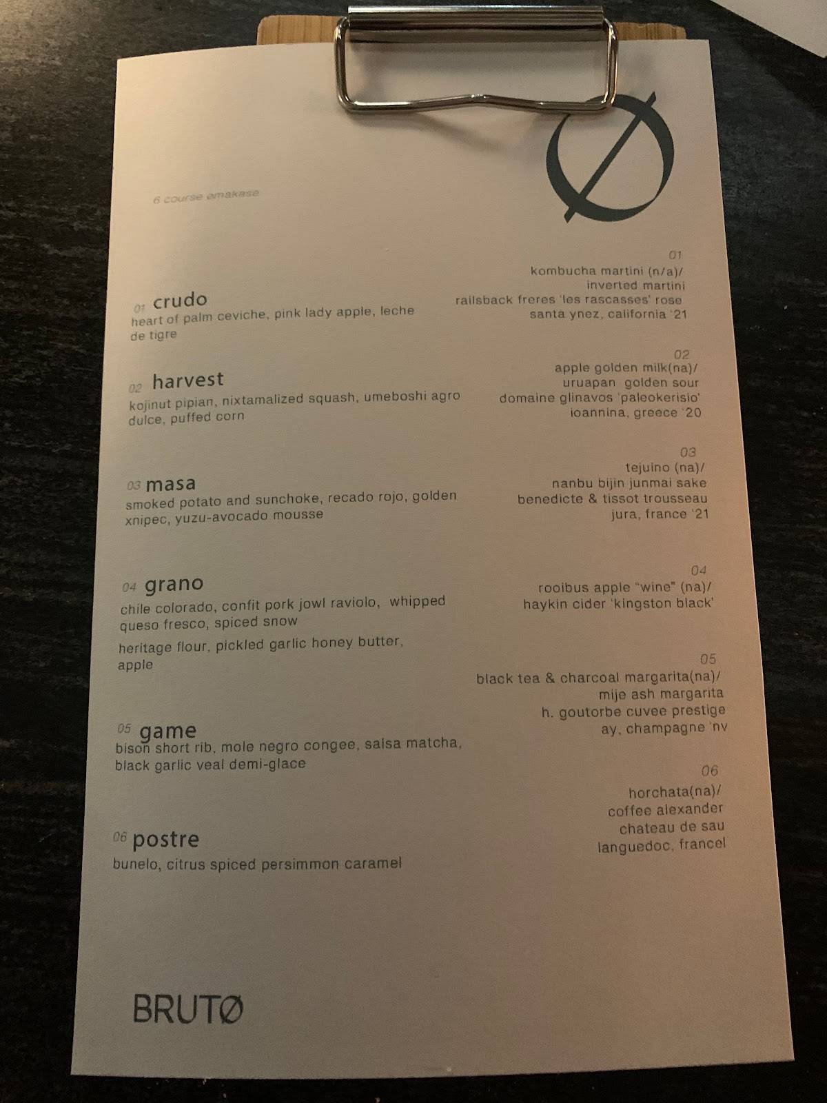 Menu at BRUTO cafe, Denver
