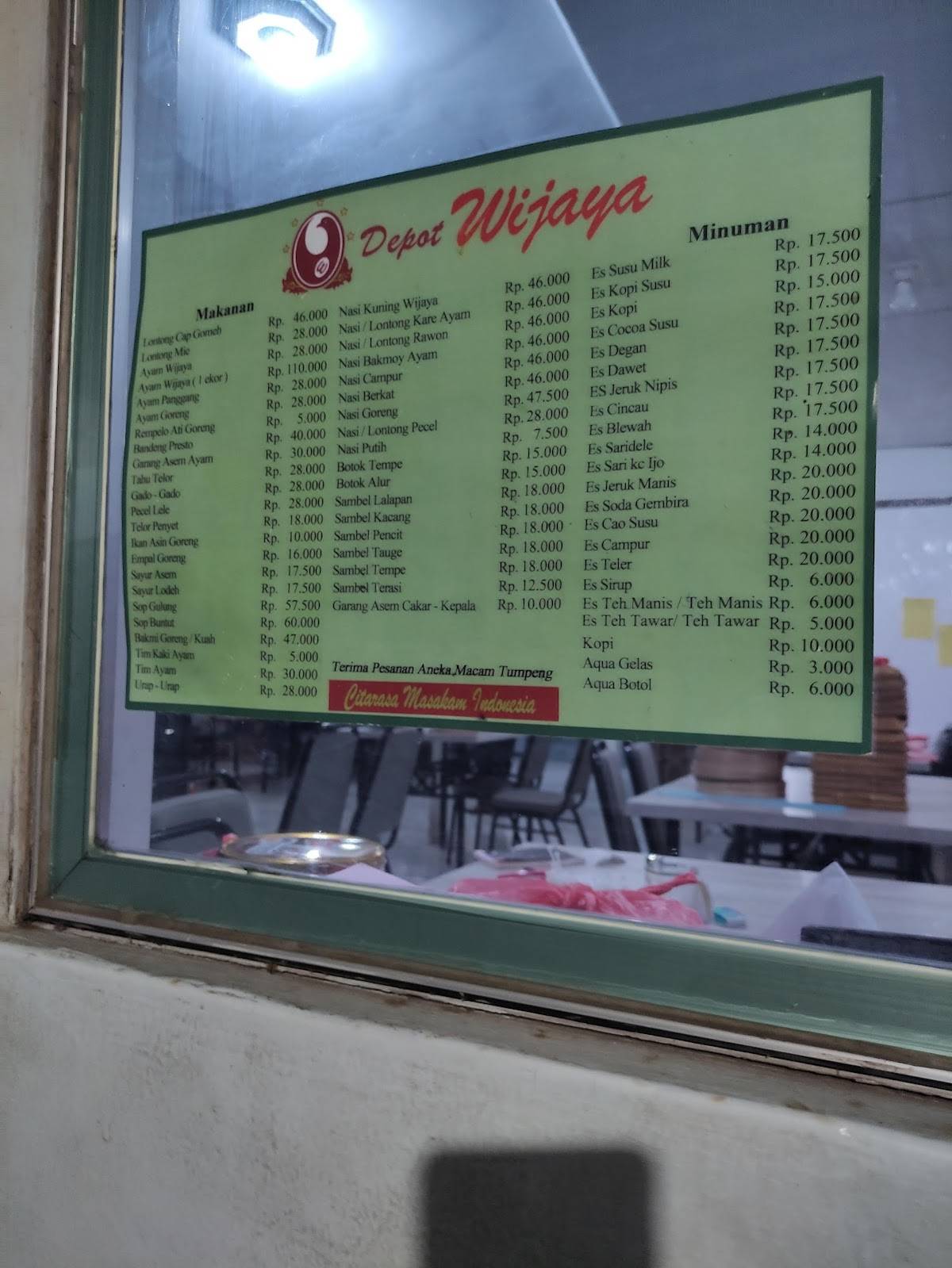 Menu at Depot Wijaya restaurant, Surabaya, Jl. Ir. Anwari No.7