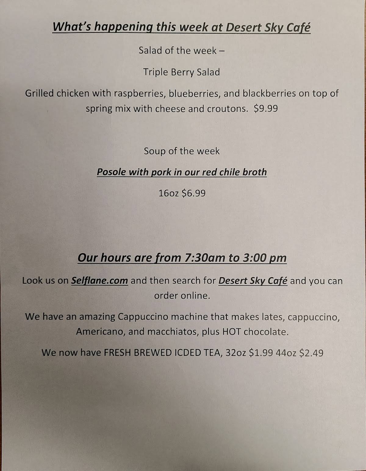 Menu at Desert Sky Café restaurant, Albuquerque, 1 Civic Plz
