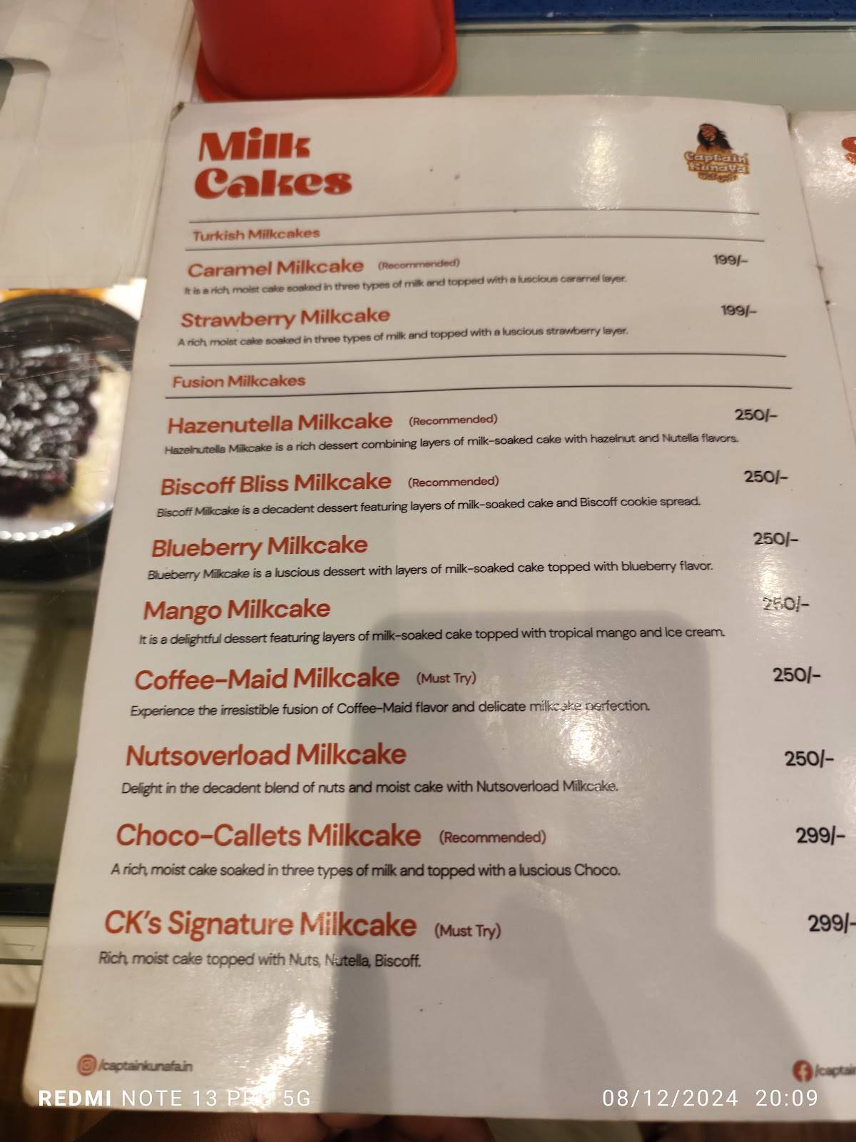 Menu at Captain Kunafa, Hyderabad, Yerrakunta