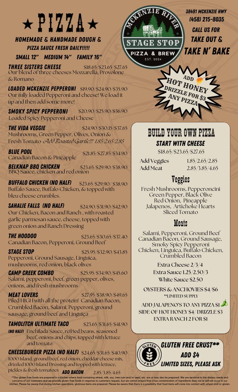 Menu at Stage Stop Pizza and Brew restaurant, Springfield