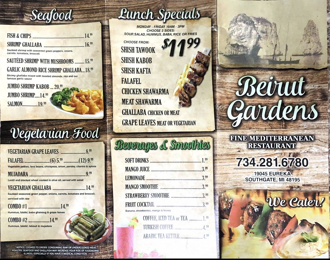 Menu at Beirut Gardens Restaurant, Southgate