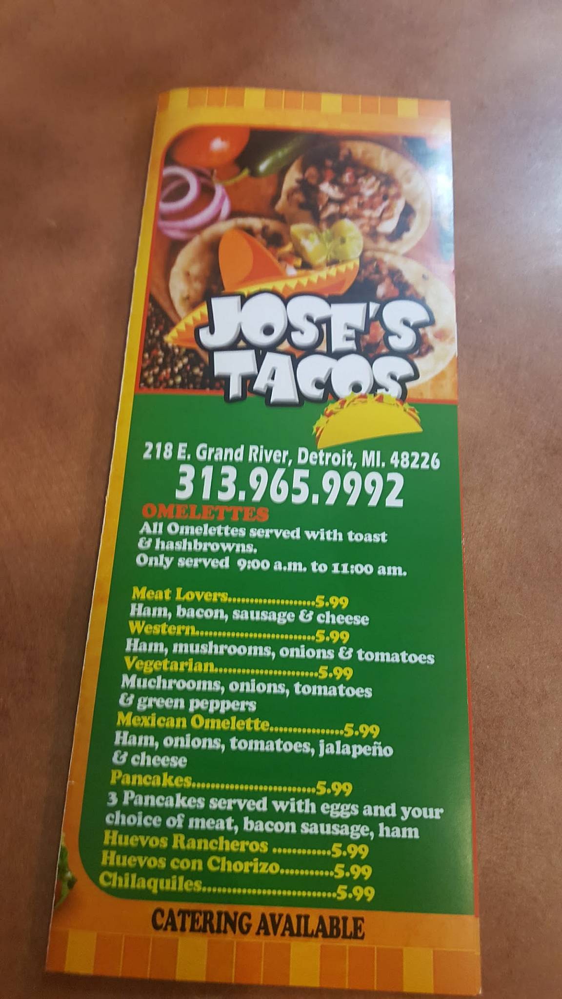 Menu at Jose's Tacos restaurant, Detroit, 218 E Grand River Ave