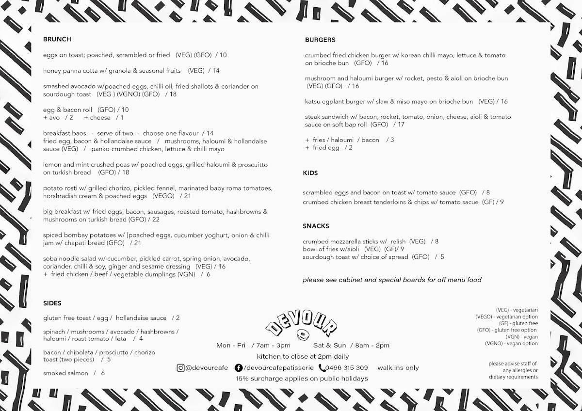 Menu at Devour Cafe Patisserie, Adelaide, 52 Davenport Terrace