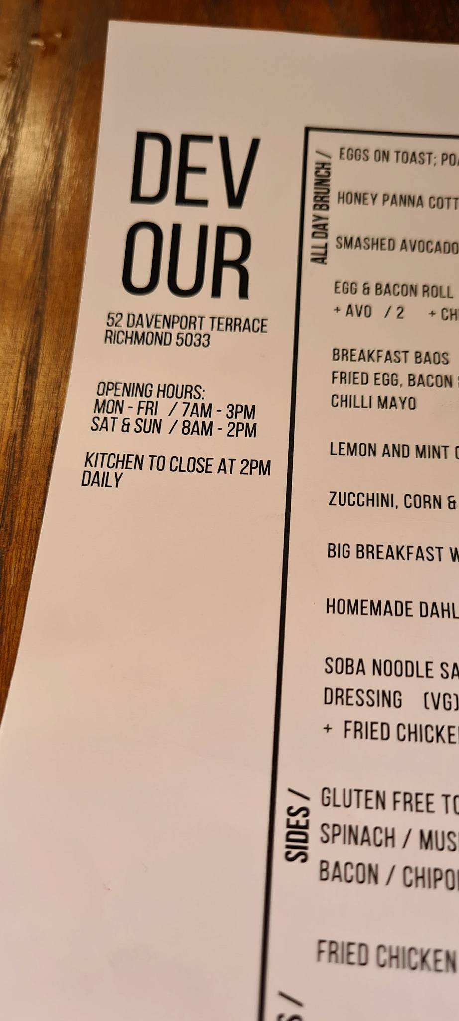 Menu at Devour Cafe Patisserie, Adelaide, 52 Davenport Terrace