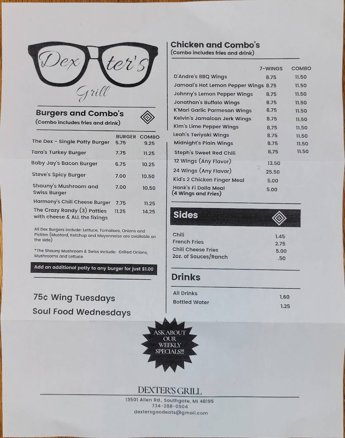 Menu at Dexter's Grill restaurant, Southgate