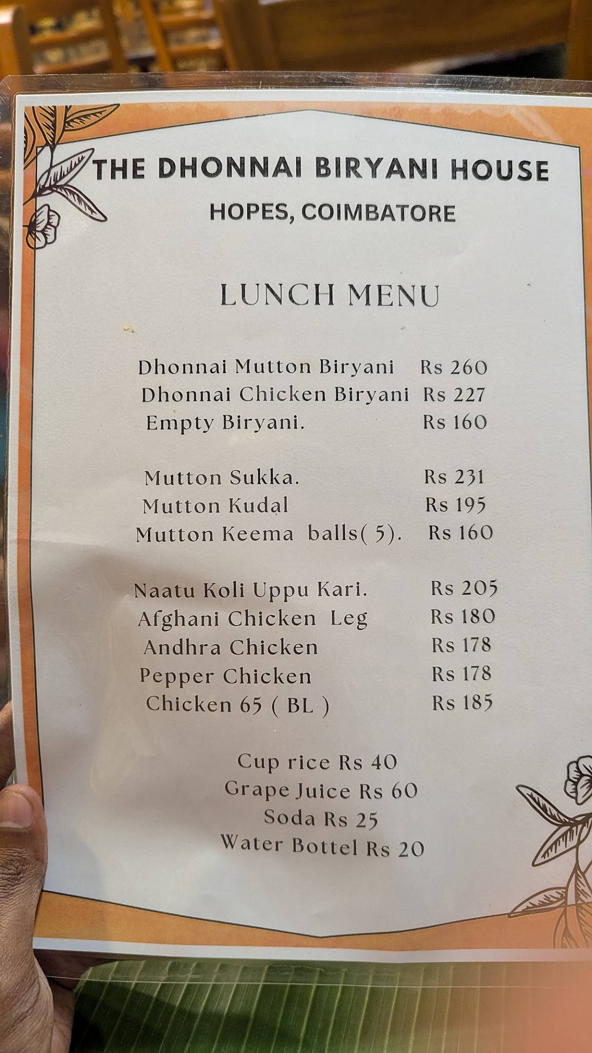 Menu at Dhonnai Biryani House, Coimbatore, Varadharaja Mills