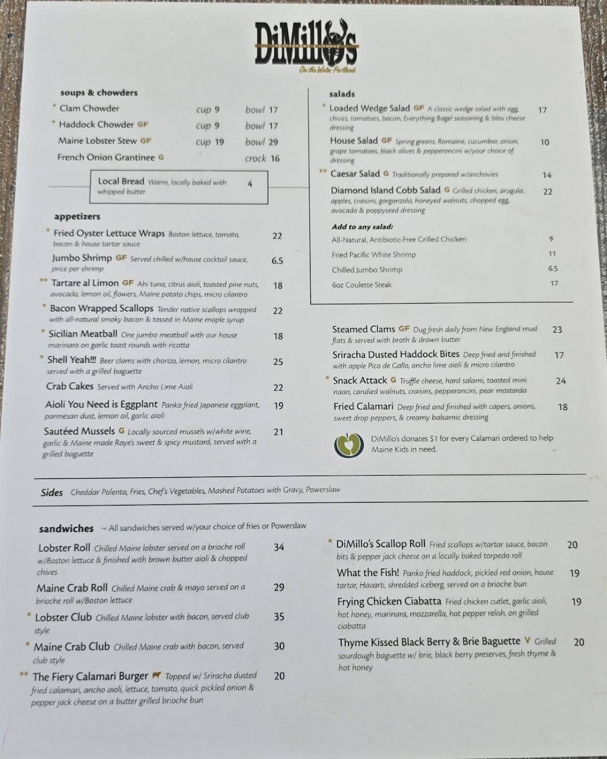 Menu at DiMillo's On the Water restaurant, Portland