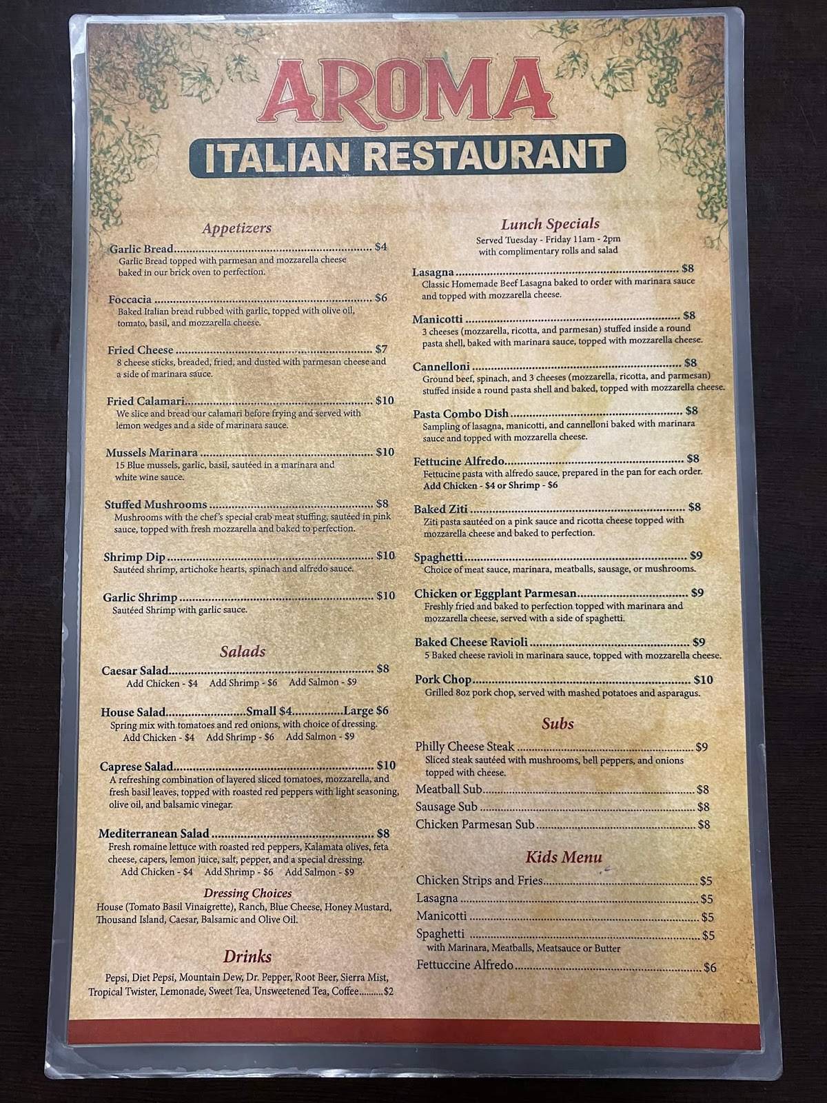 Menu at Aroma restaurant, Diamondhead