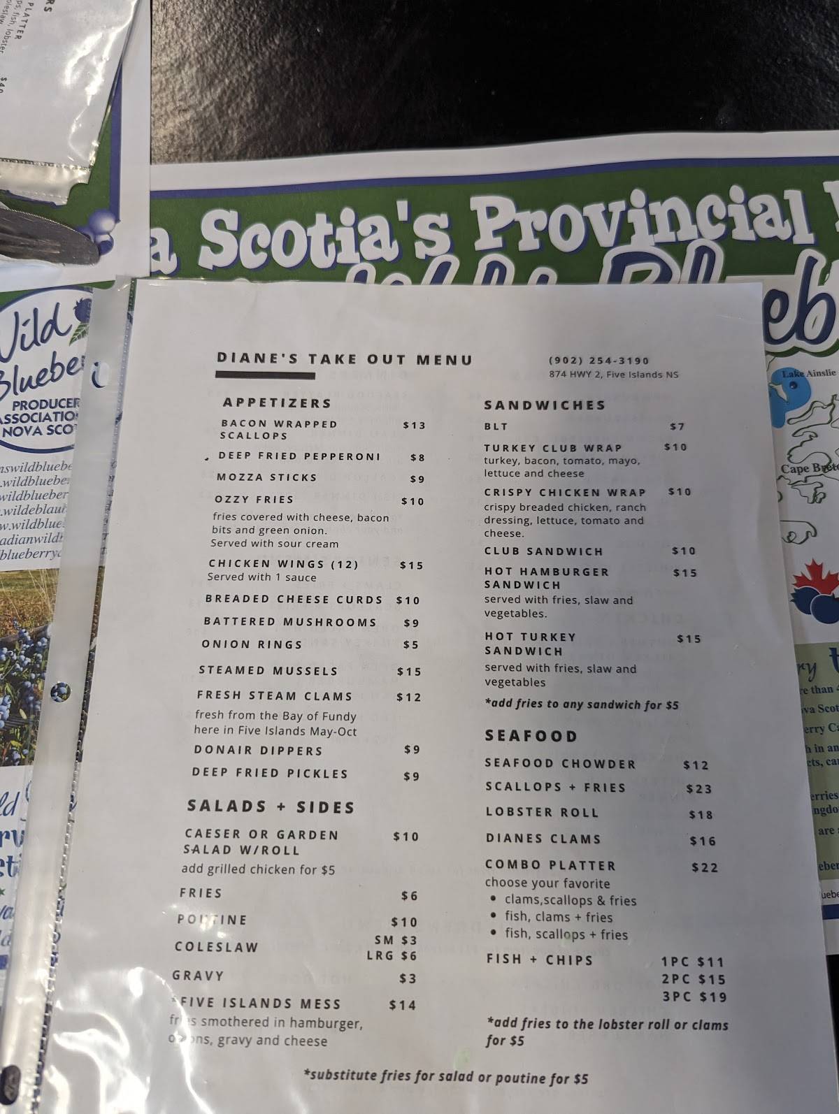 Menu at Diane's restaurant, Five Islands
