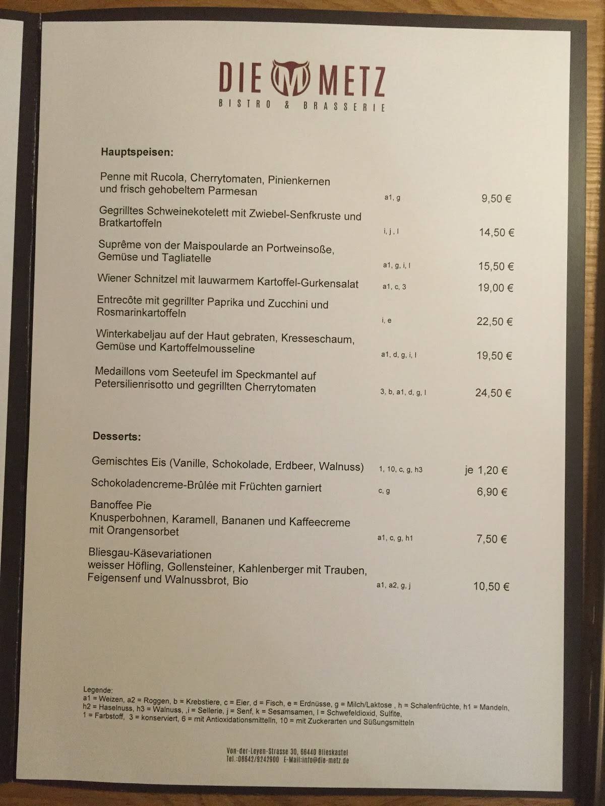 Speisekarte von Die Metz restaurant, Blieskastel