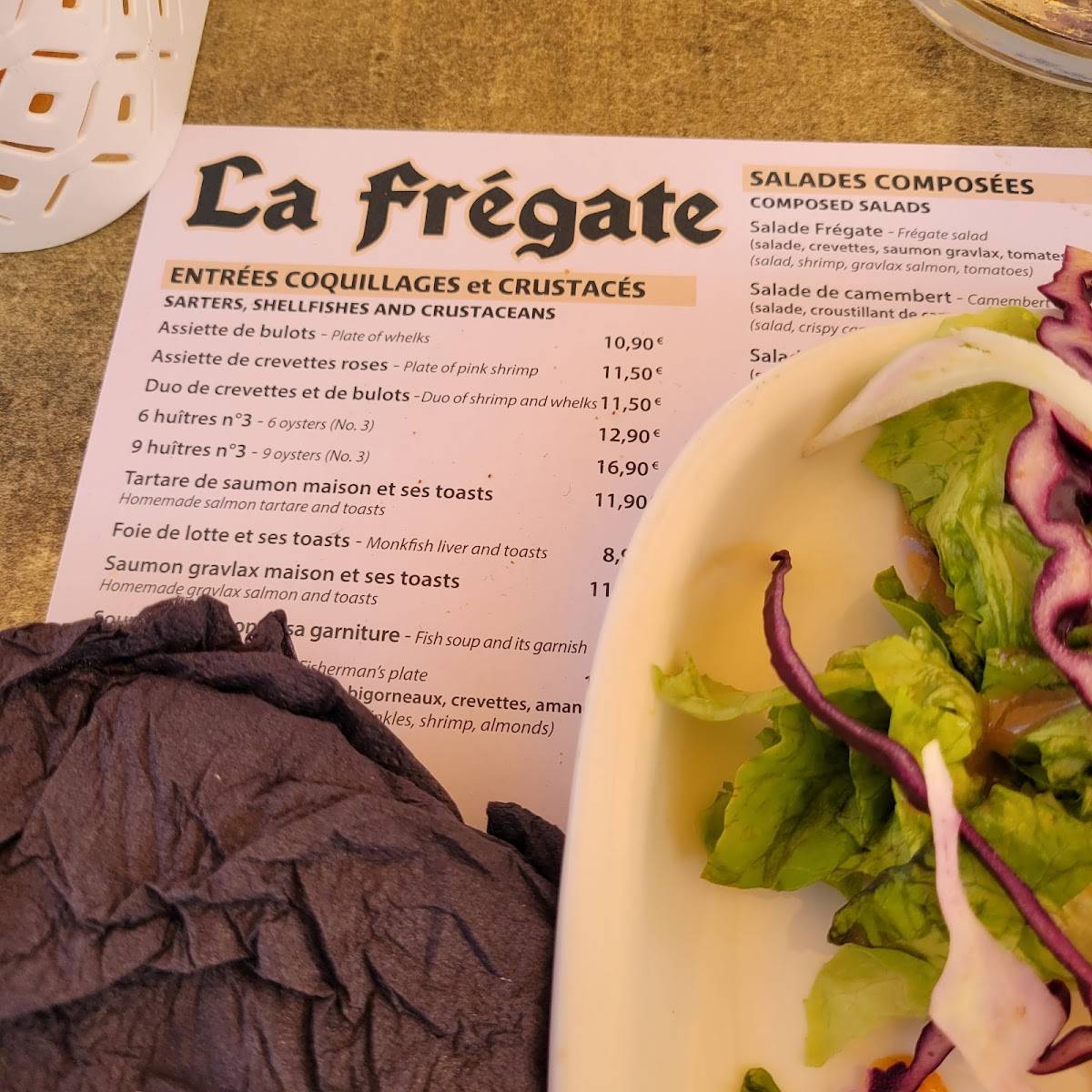 Menu at La Frégate restaurant, Dieppe, 23 Bis Quai Henri IV