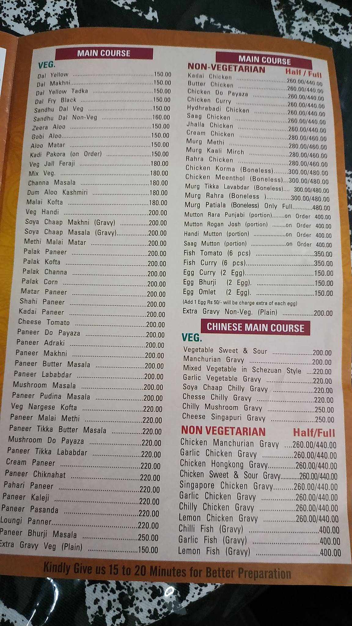 Menu at Dilli Darbar, Ambala Cantt, 110