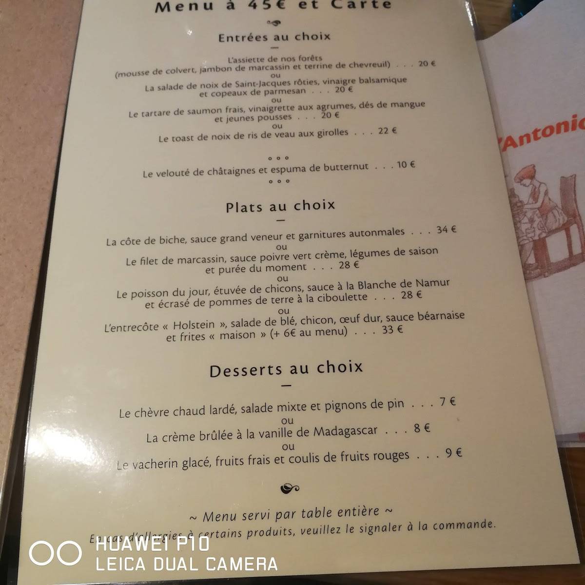 Menu at La Table d'Antonio, Dinant