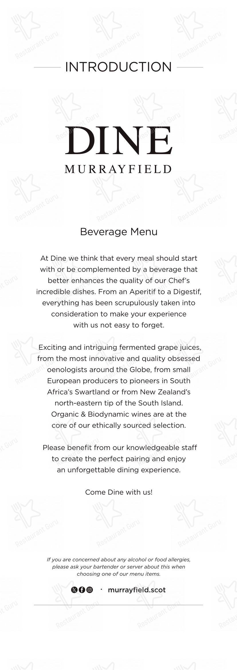 Menu at Dine Murrayfield restaurant, Edinburgh