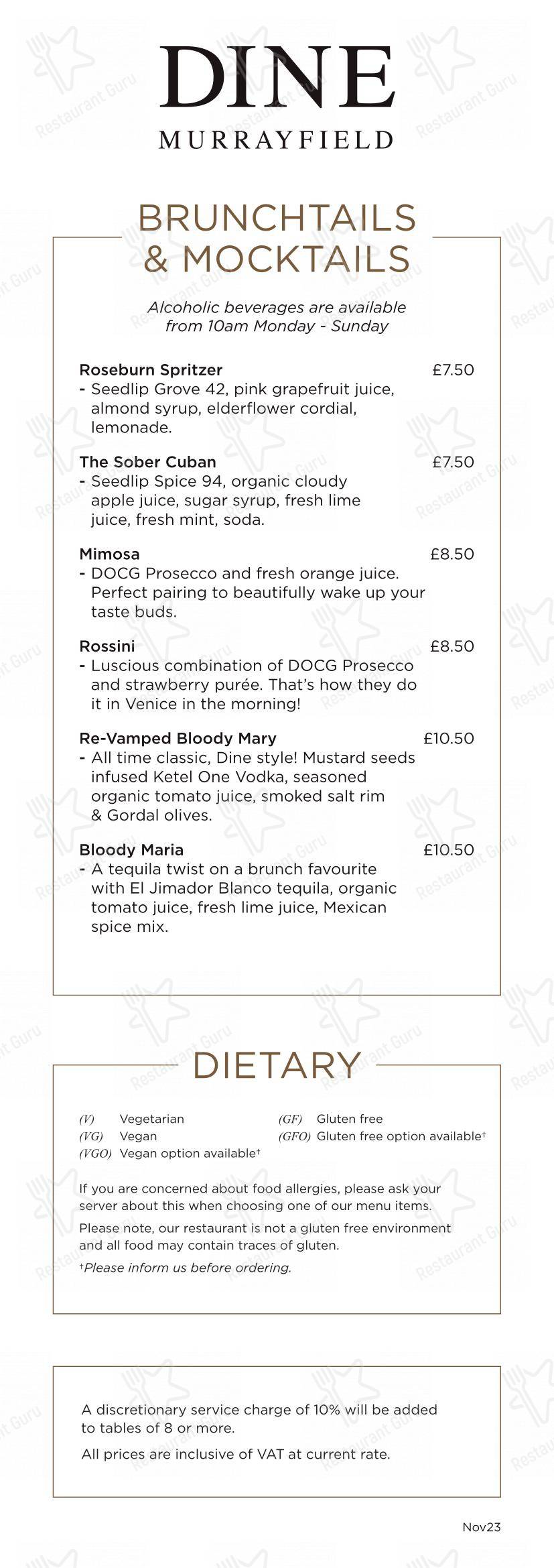 Menu at Dine Murrayfield restaurant, Edinburgh