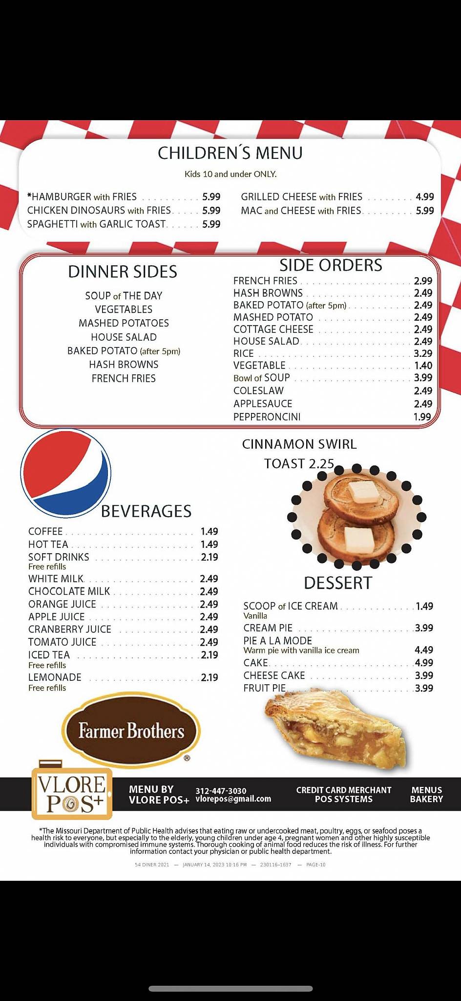 Menu at Diner 54 restaurant, Kirksville