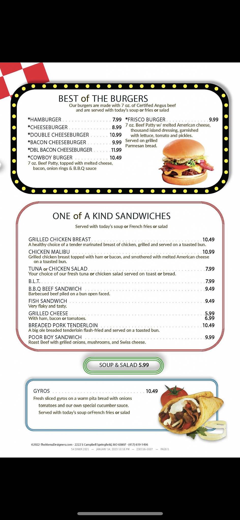 Menu at Diner 54 restaurant, Kirksville