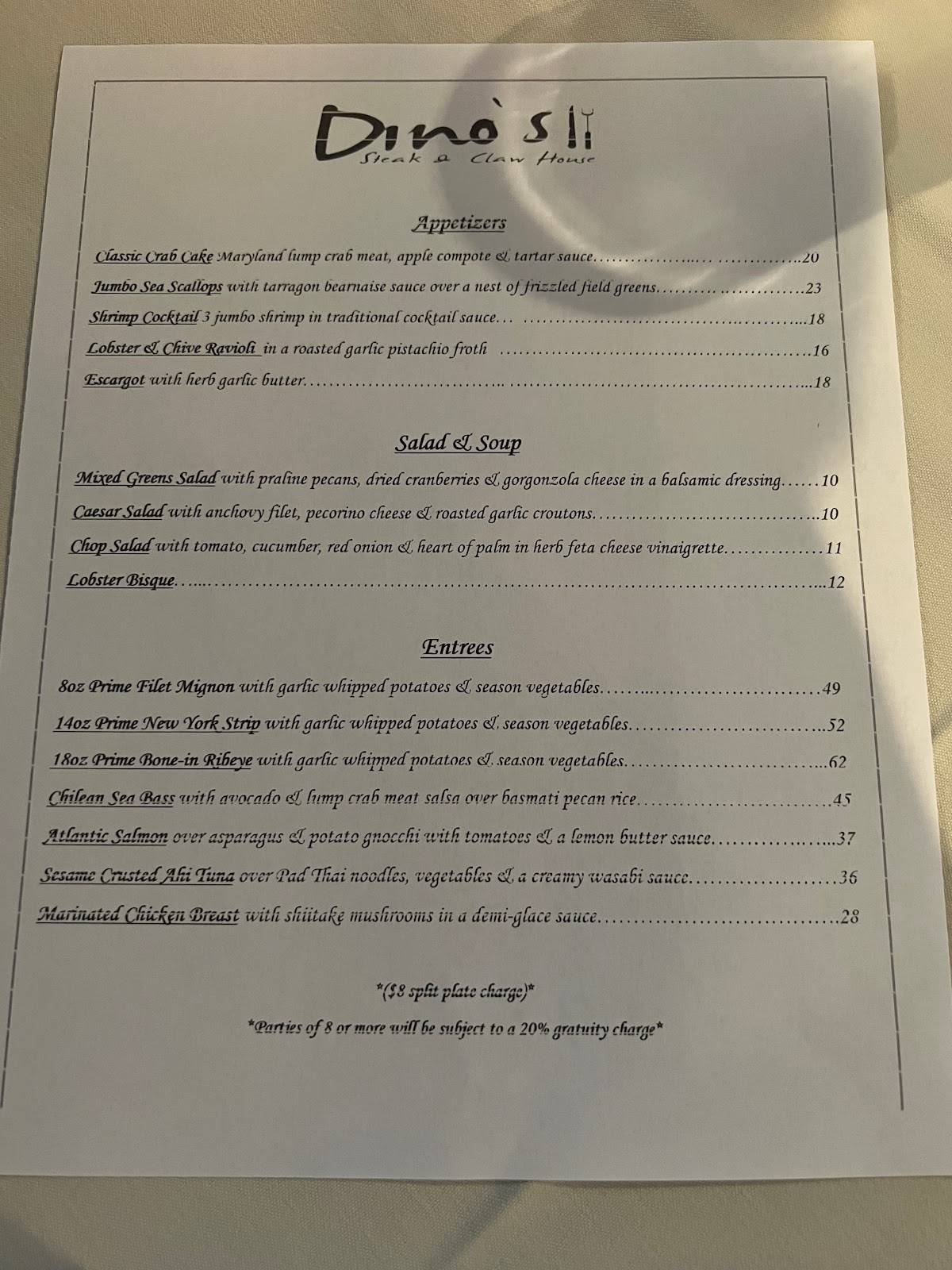 Menu at Dino’s Steak and Claw House steakhouse, Grapevine