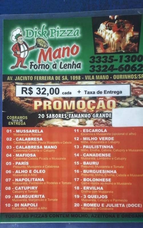 Menu em Disk Pizza Mano restaurante, Ourinhos, Av. Jacinto Ferreira de Sá