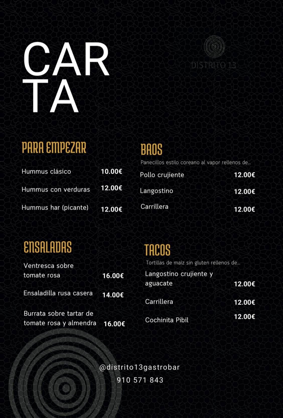 Menu at Distrito 13 pub & bar, Madrid