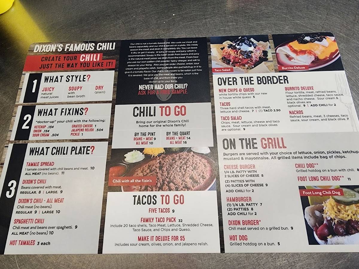 Menu at Dixon's Famous Chili Parlor restaurant, Independence