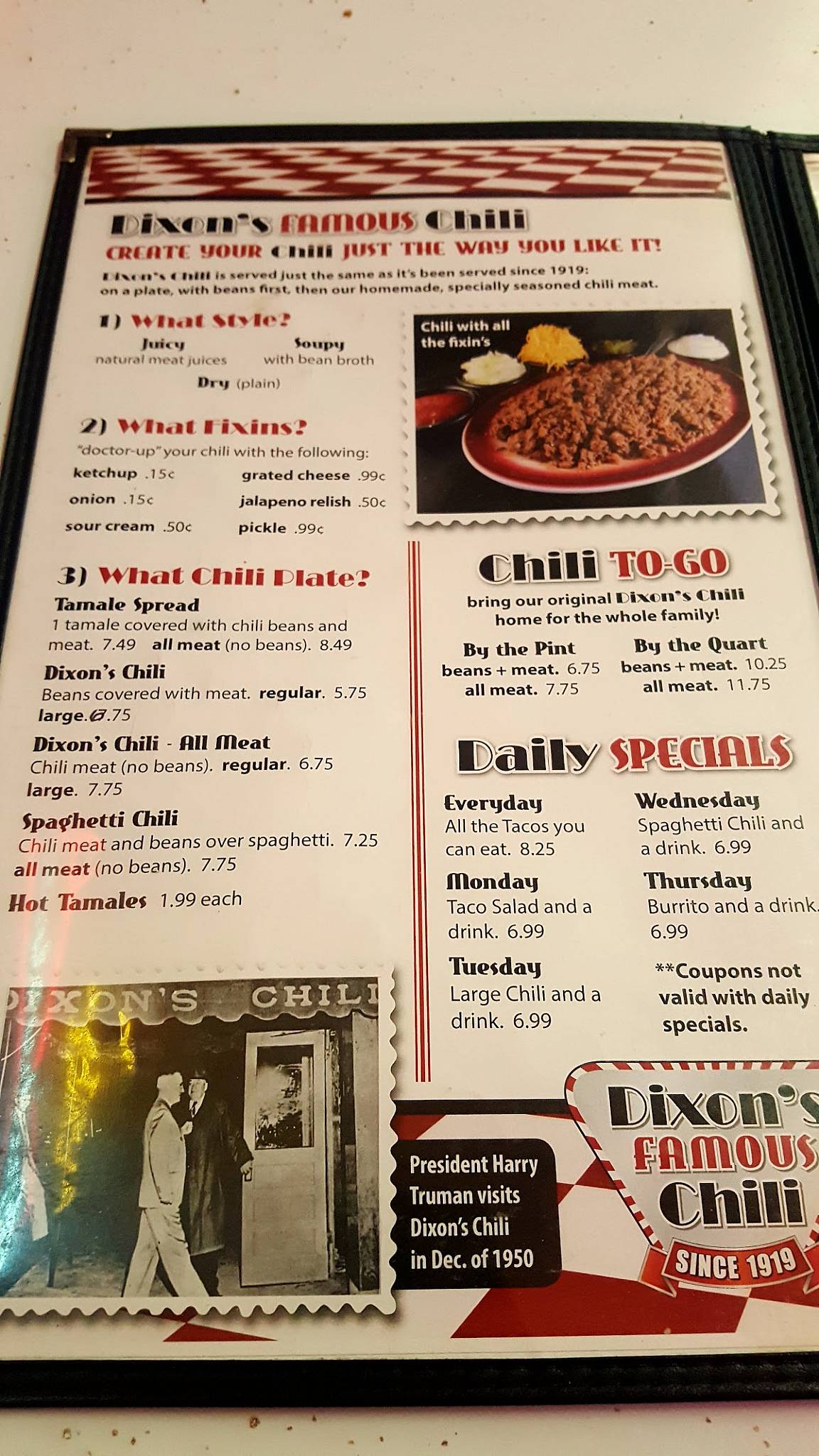 Menu at Dixon's Famous Chili Parlor restaurant, Independence
