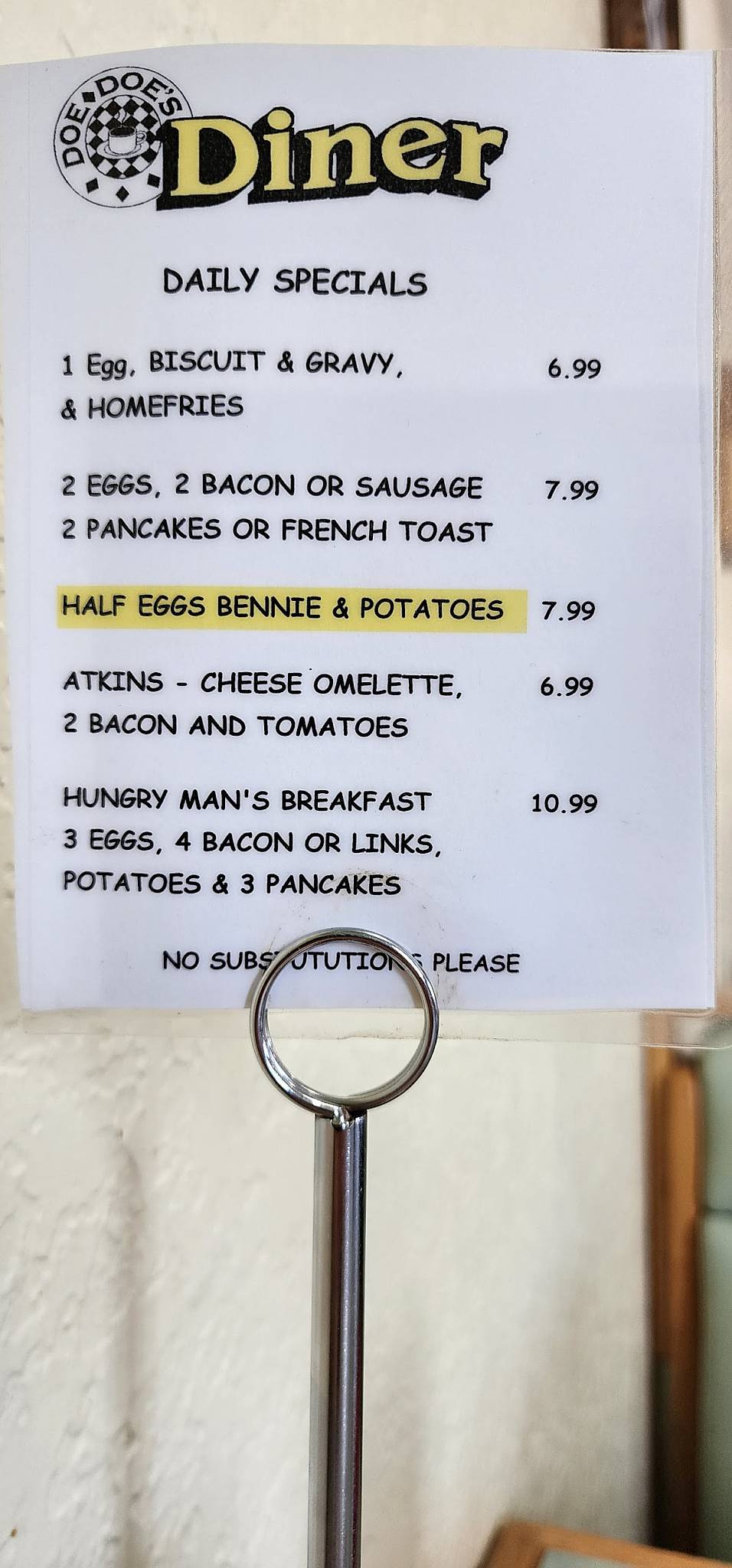 Menu at Doe Doe's Diner restaurant, Seminole