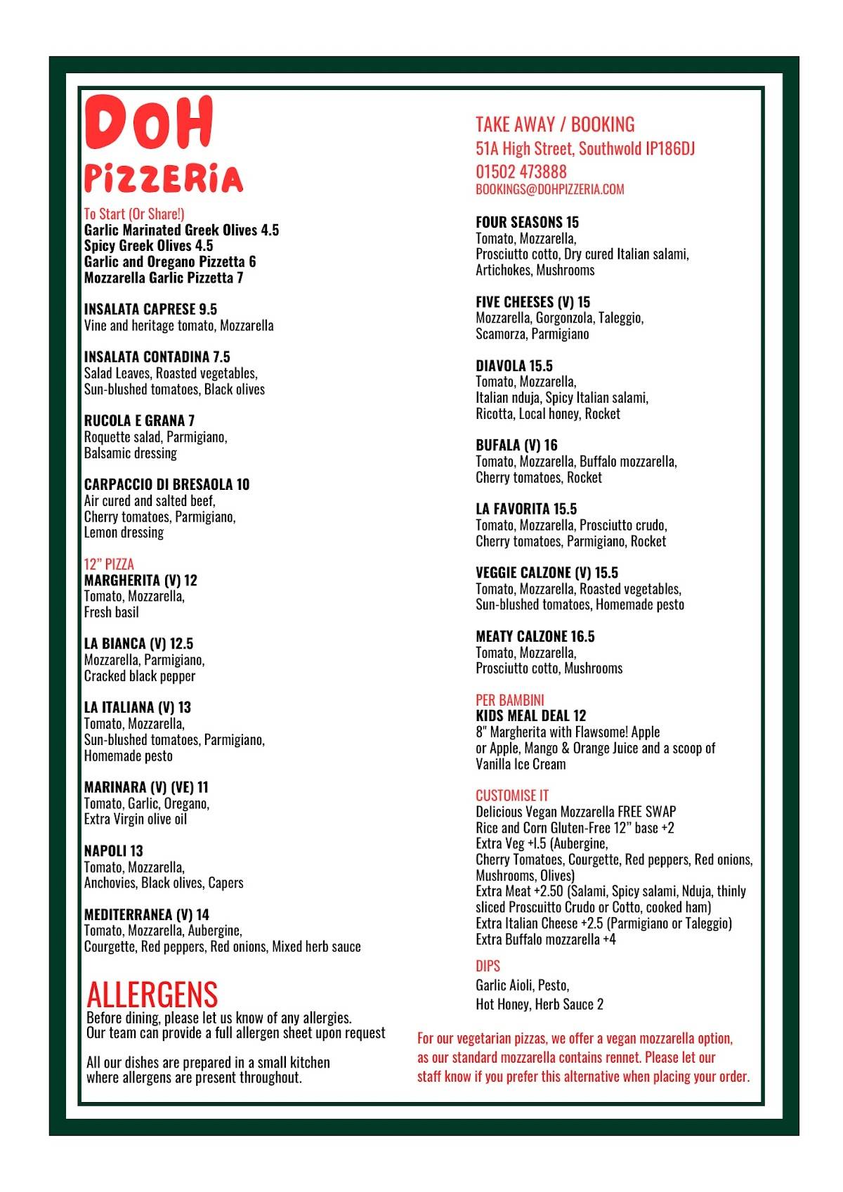 Menu at Doh Pizzeria, Southwold