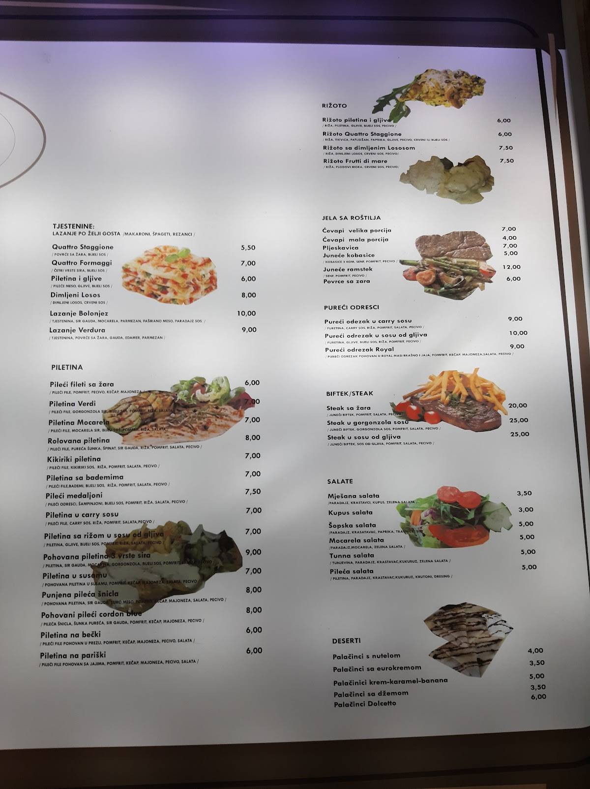 Menu at Dolcetto restaurant, Vogošća