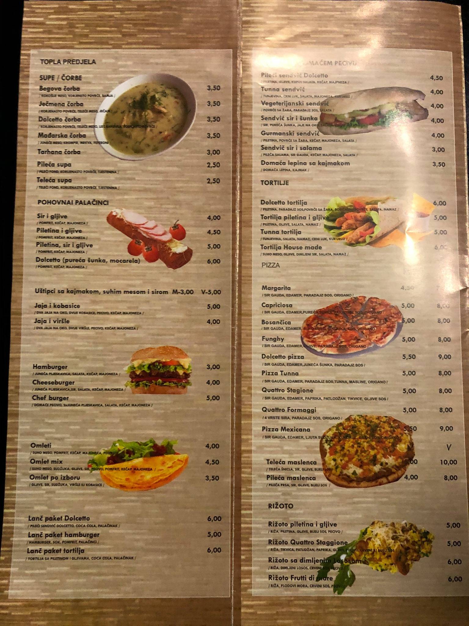 Menu at Dolcetto restaurant, Vogošća