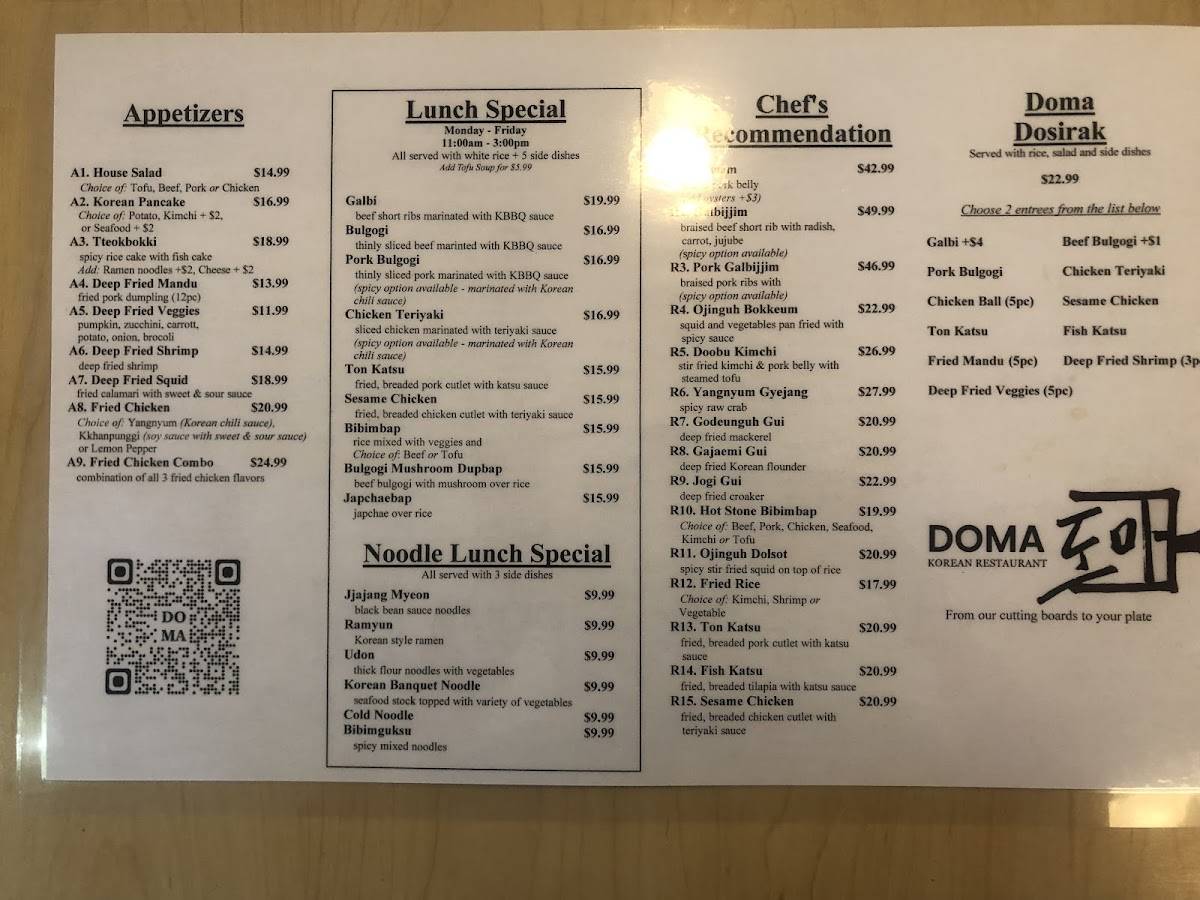 Menu at Doma Korean Restaurant, Sacramento